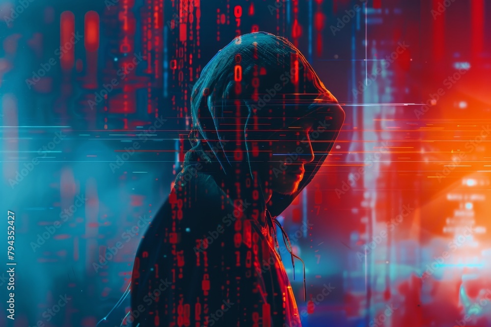 A hacker in the hood is seen through glitch effects and code lines ...