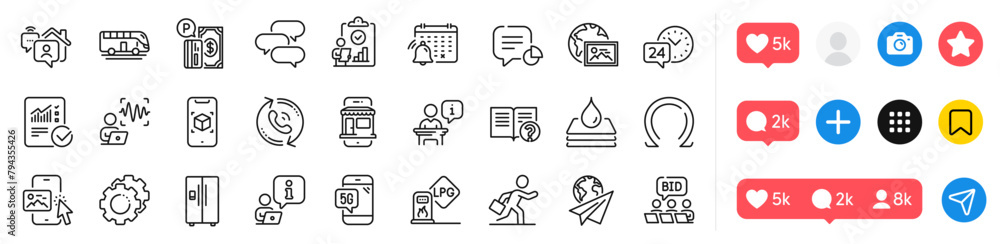 Call center, Talk bubble and Marketplace line icons pack. Social media ...