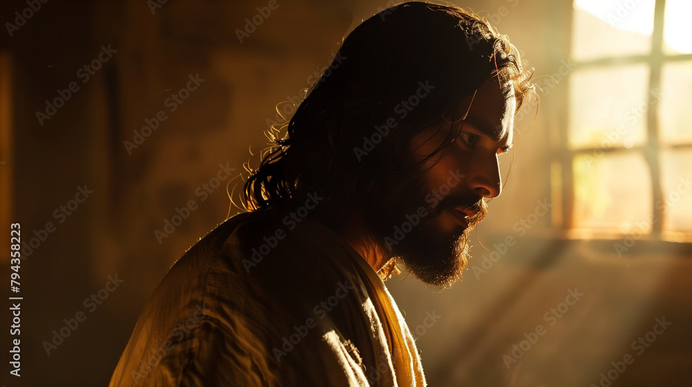 The camera captures Jesus' profile in prayer, with soft light ...