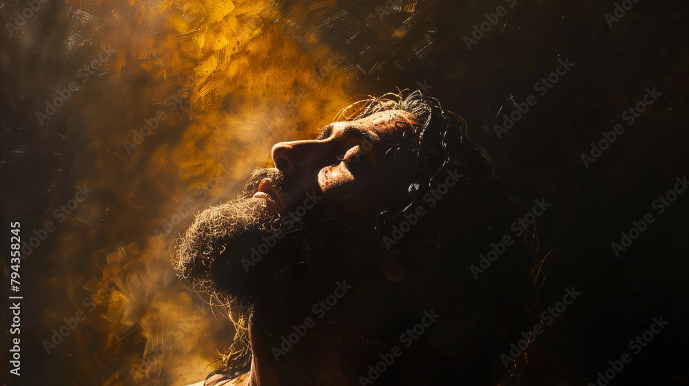 From a low angle, Jesus' face is illuminated by divine light as he ...