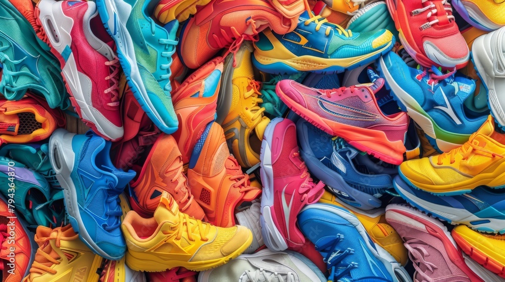 colorful pile of shoes stacked on top of each other, creating a vibrant ...