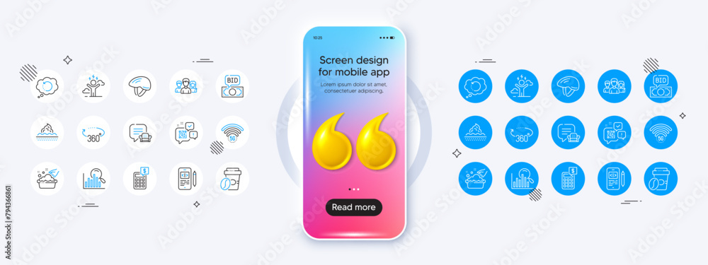 Vecteur Stock 360 degrees, Teamwork and Recovery data line icons. Phone ...