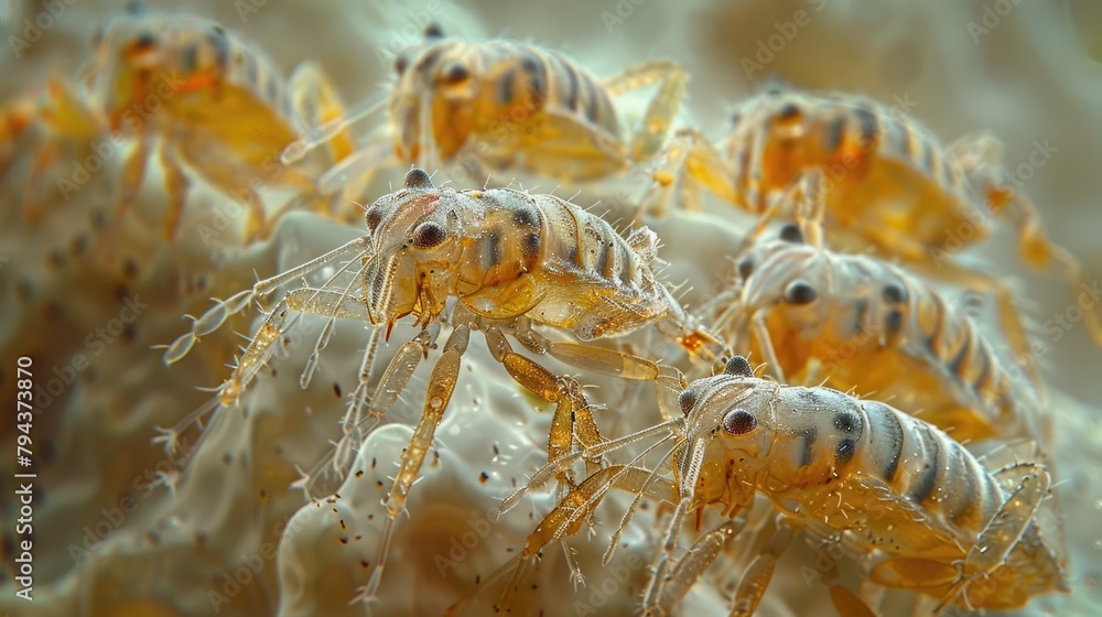 Diverse Colony of Microscopic Mites Crawling Across a Surface with ...