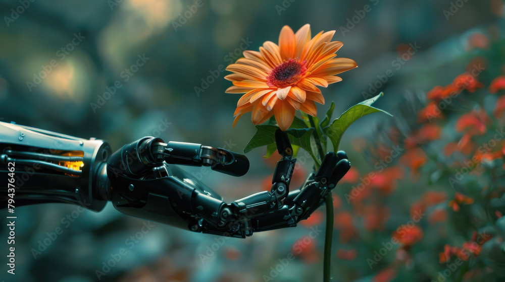 Robotic hand reaching flower on garden background. Concept art. Stock ...