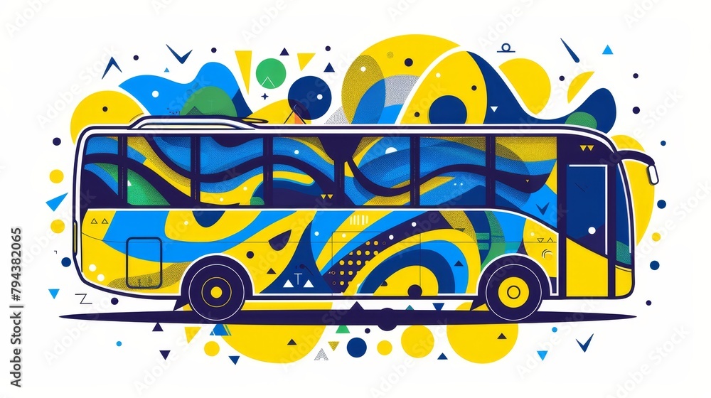 A blue and yellow bus with a splash of paint on its side; the back ...