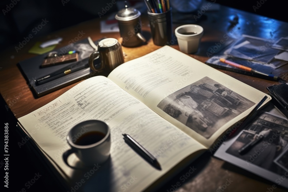 Journalistic flair: a wooden desk featuring old magazines, a notepad ...