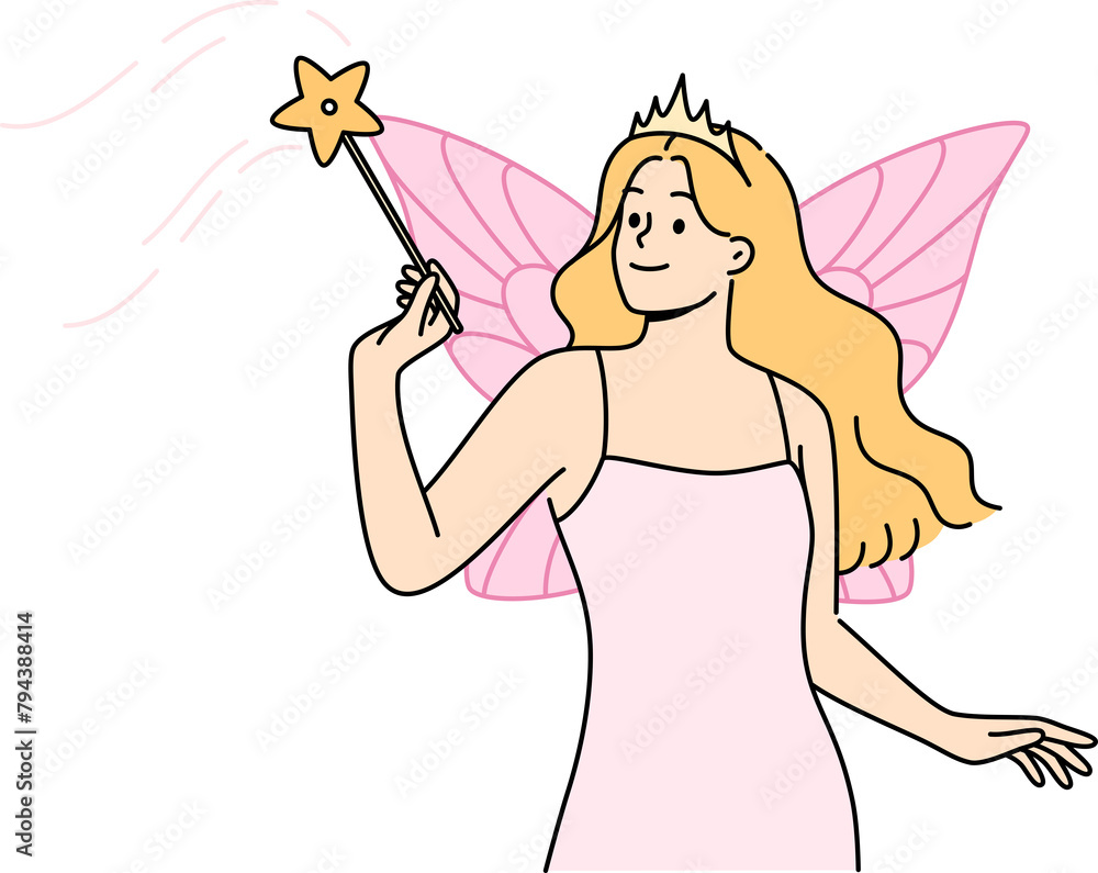 Fairy woman with magic wand performs sorcery, standing with wings ...