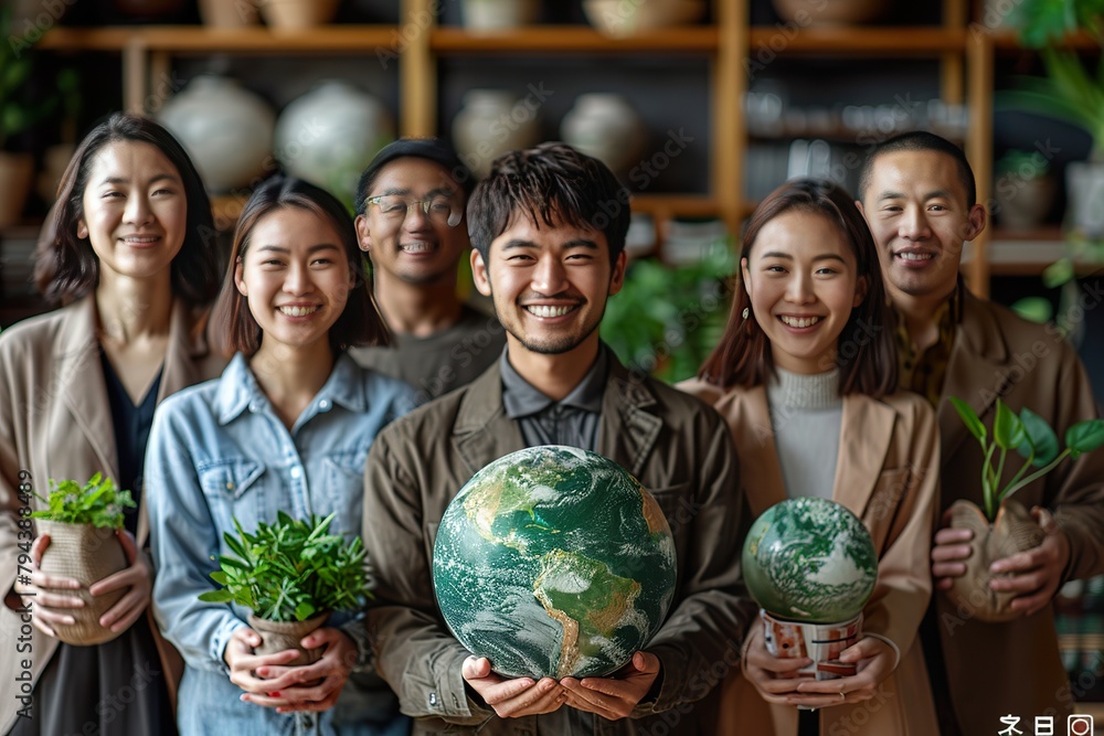 Earth day concept with big Earth globe held by group of asian business ...