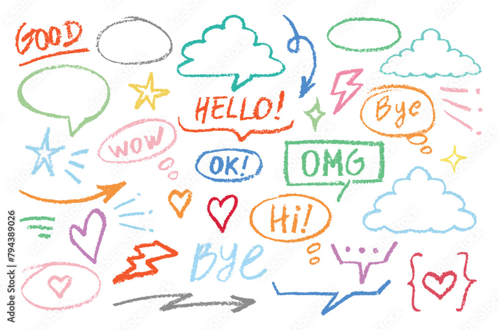 Set of colorful speech bubbles with chalk texture in doodle effect and ...