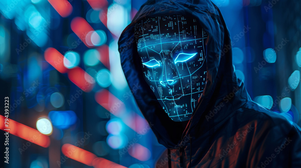High-tech hacker with a schematic mask, surrounded by a blueprint of ...