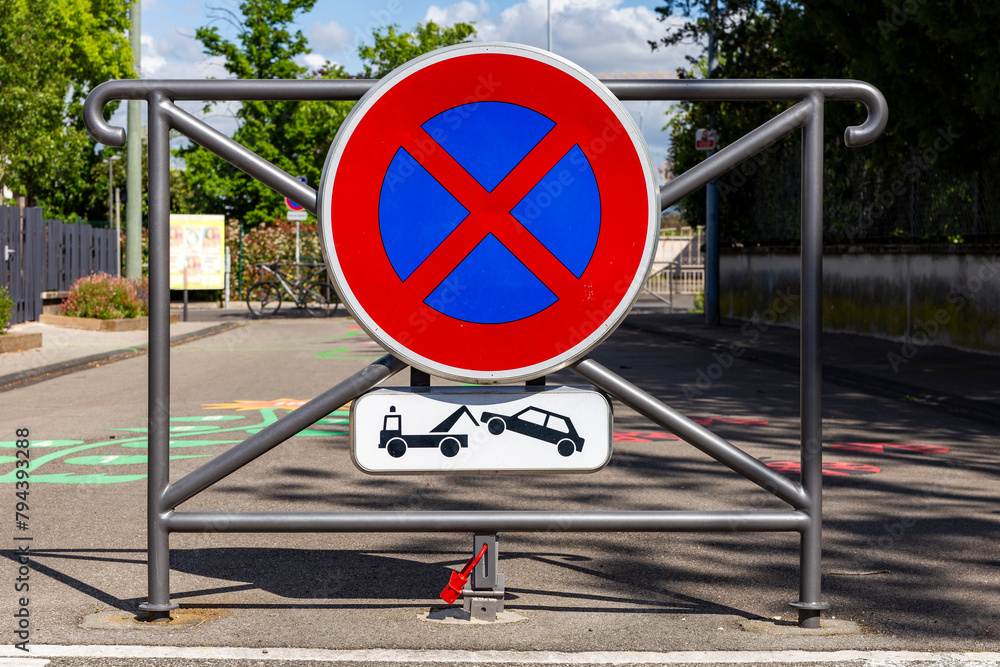 No stopping and no parking sign in a french street. Removal of vehicles ...