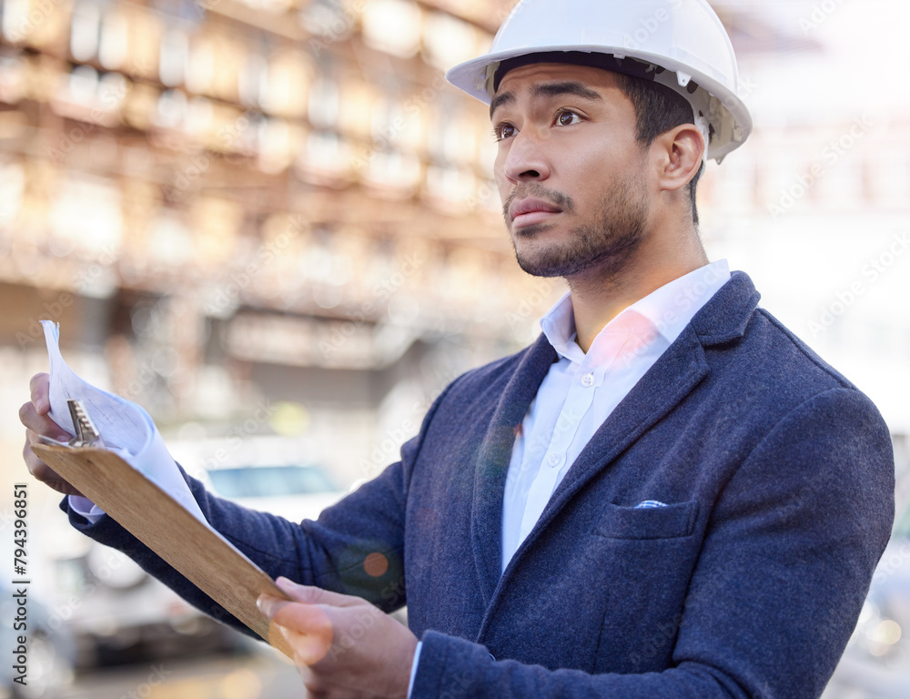 Clipboard, checklist and man with inspection of construction, site and ...