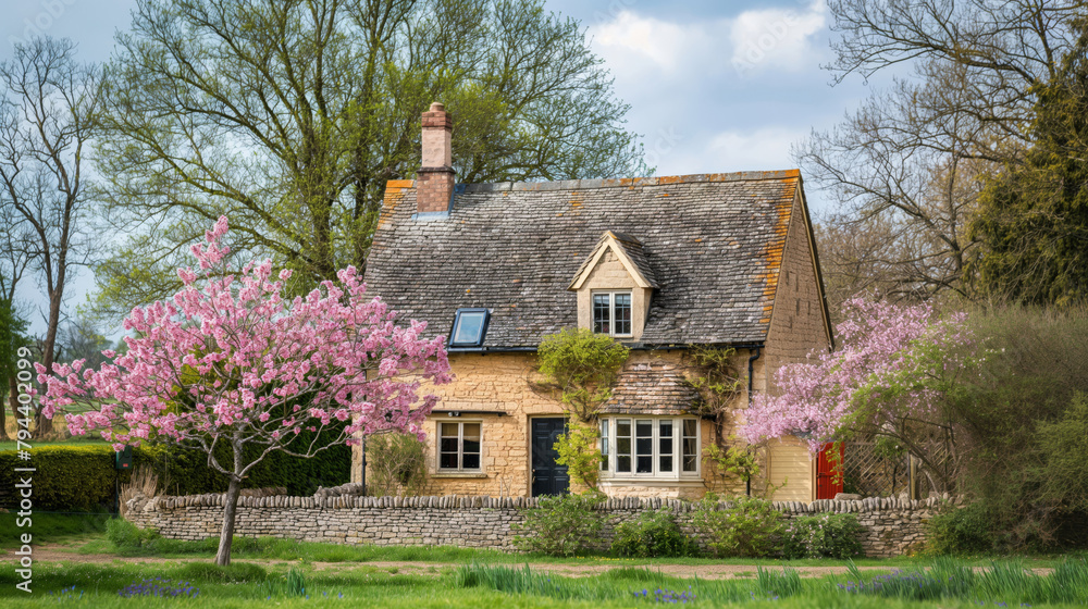 Small stone house with a thatched roof and a chimney. The house is ...