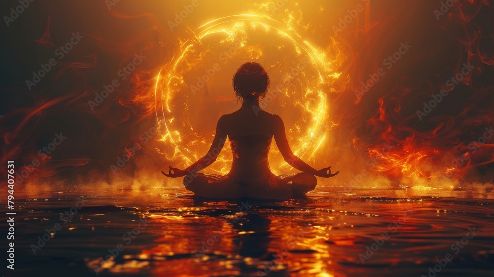 A person meditating with their eyes closed depicted with vibrant yellow ...