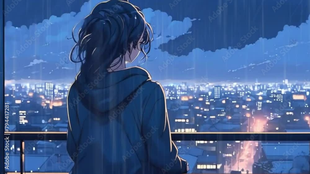 Lonely anime girl looking at the city at night. Sad rainy day. Moody ...