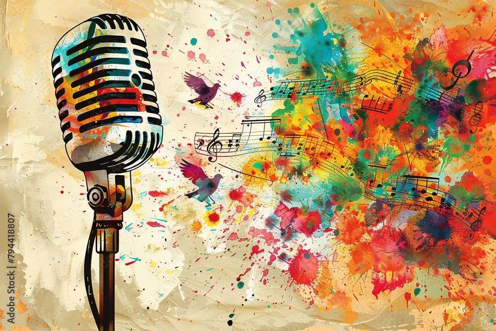 music and creativity featuring a vintage microphone with splashes of ...