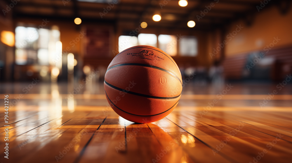 Close-up on the basketball ball as it hovers at the rim. Momentum ...