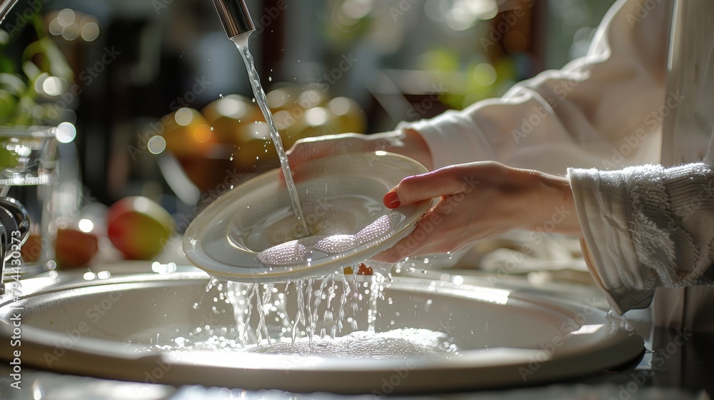 Hands, sink, and dishwashing with a home cook to wash a plate for ...