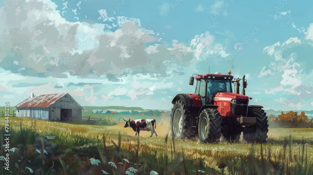 Procreate vector art style poster agriculture farming field red tractor ...