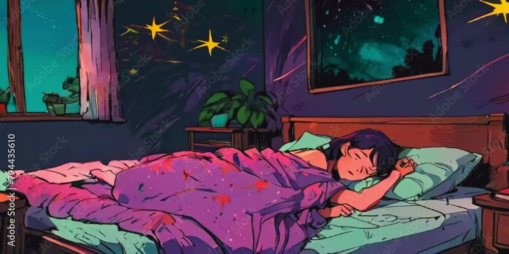 woman sleeping in a bedroom, cozy lofi anime with beautiful stars night ...