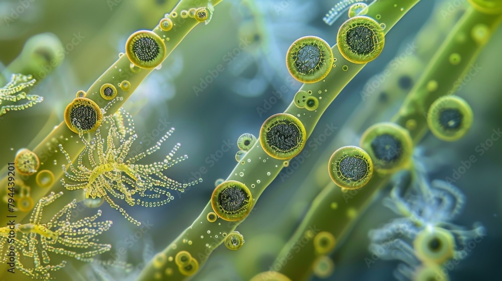 A closeup view of a group of microscopic algae resembling towering ...
