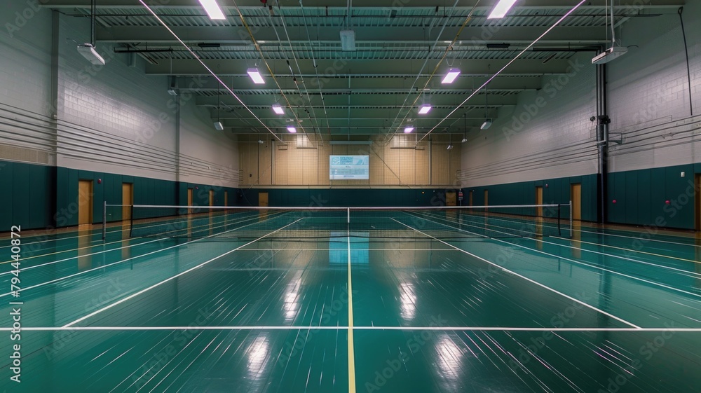 professional badminton court dominates the frame, with high ceilings ...