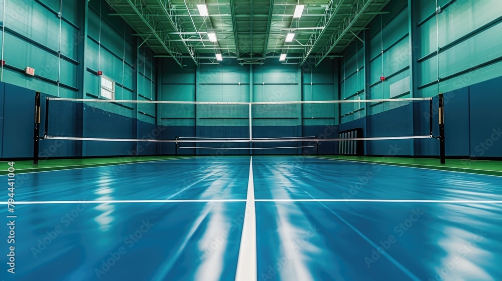 professional badminton court dominates the frame, with high ceilings ...