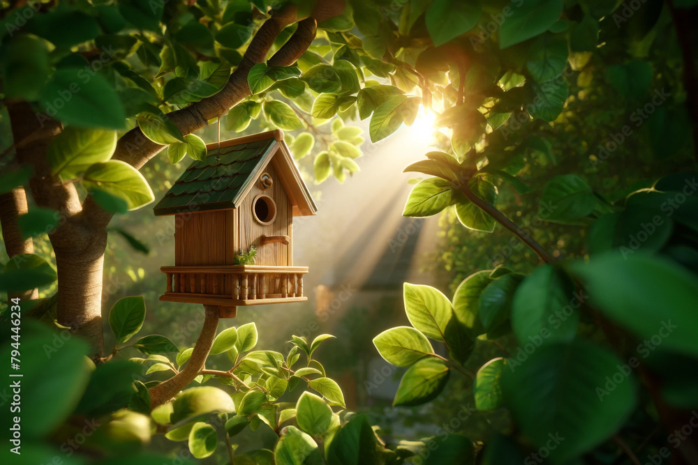 Wooden birdhouse on a tree in the farm park zone. Simple birdhouse ...