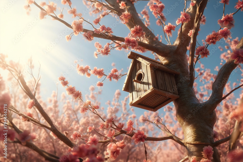 Wooden birdhouse on a tree in the farm park zone. Simple birdhouse ...