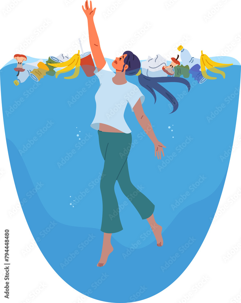 Woman floats in water among pile of garbage, suffering due to ocean ...