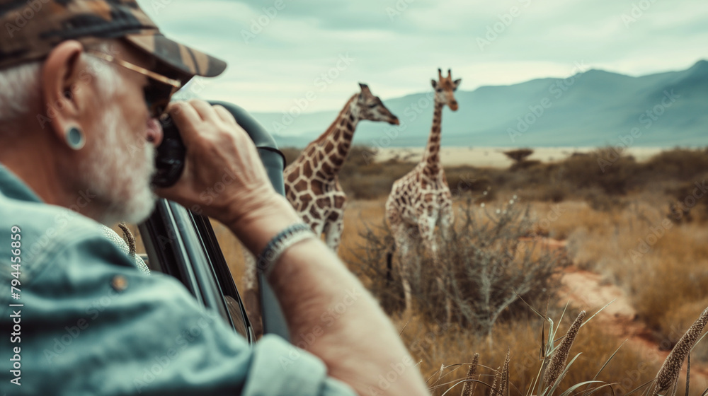 Retired friends going on a wildlife safari, spotting animals in their ...