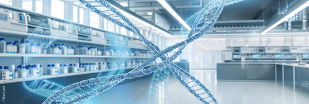 A digital 3D model of a DNA helix is highlighted within a futuristic ...