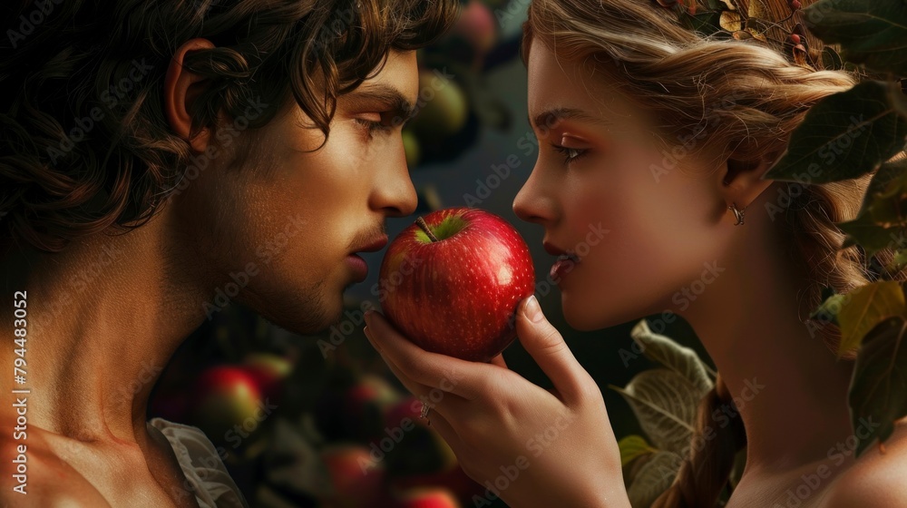 Adam and Eve eating the forbidden fruit in the Garden of Eden in high resolution and quality ...