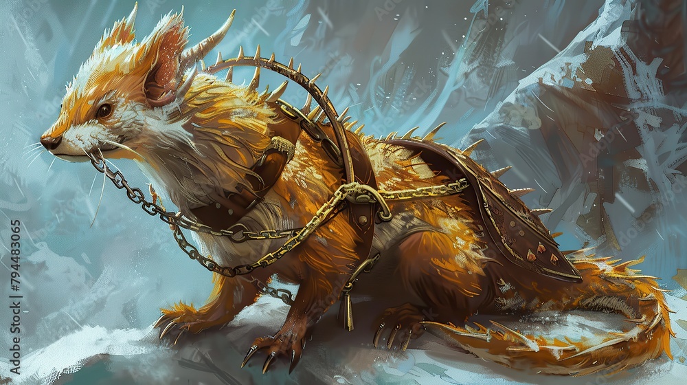 large weasel dnd mount, in a painterly style, Golden fur and dragon ...
