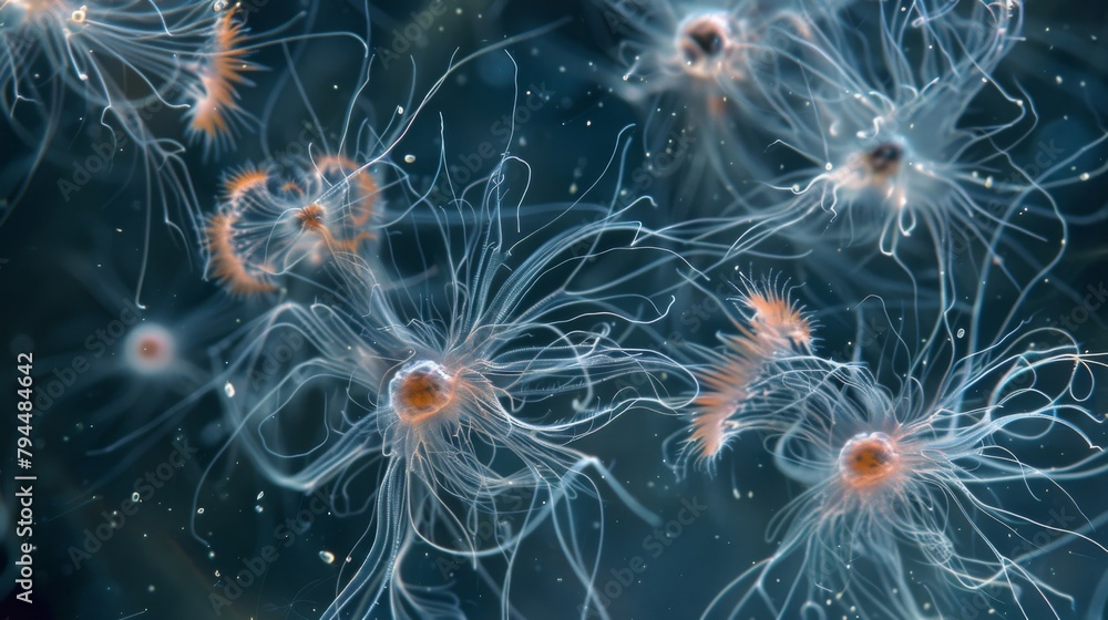 An image of several ciliates attached to a surface their cilia extended ...