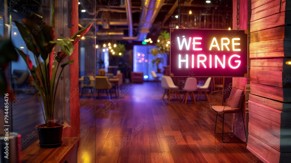 Dynamic Workforce Invitation: Vibrant 'We Are Hiring' Neon Sign Casting ...