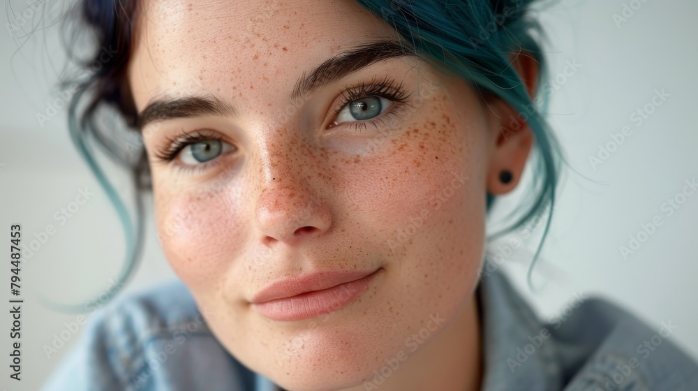 A closeup of a woman's face with azure hair and freckles. Her nose is ...