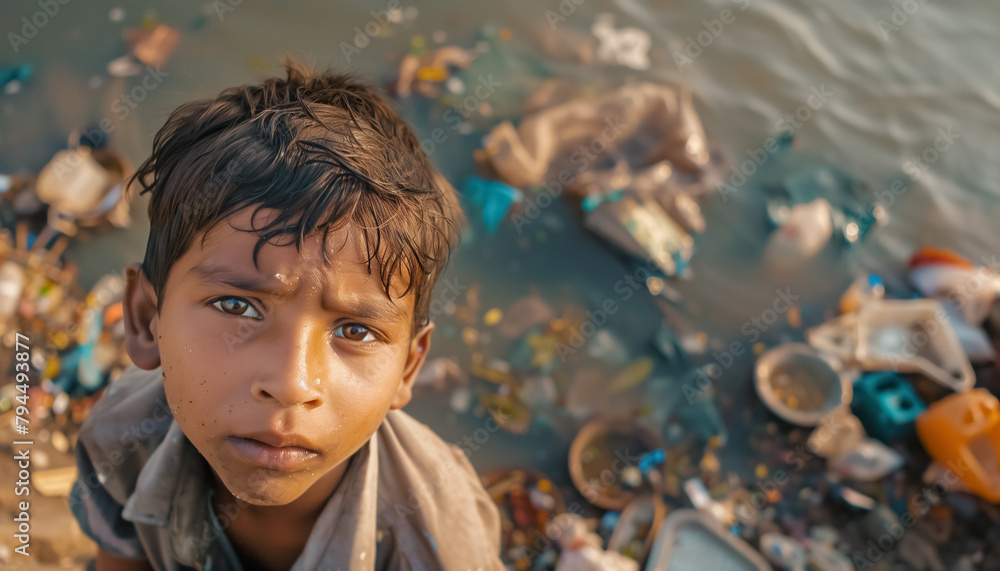 "Childhood Amidst Waste: A Harsh Reality" - A young boy's gaze captures ...