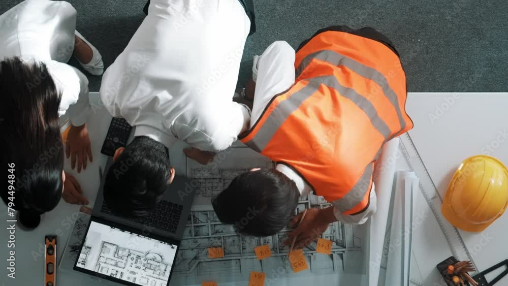 Top view of smart architect and skilled civil engineer team working ...