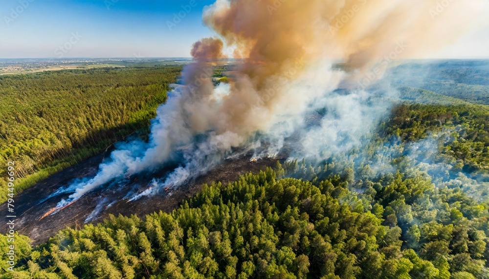 Foto de aerial view of a massive forest fire drone top view of wildfire with smoke and burning ...
