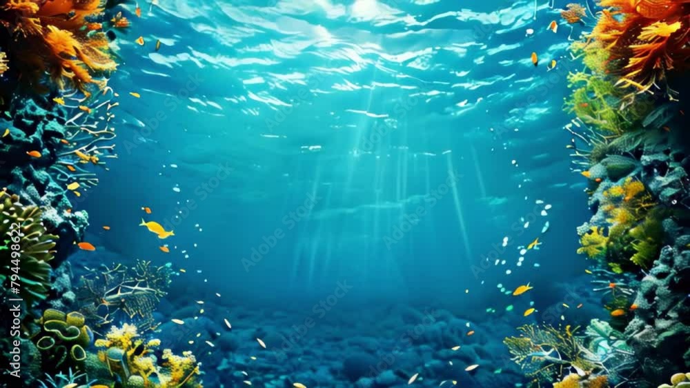 Sunlight filters through ocean water onto a vibrant coral reef. World ...