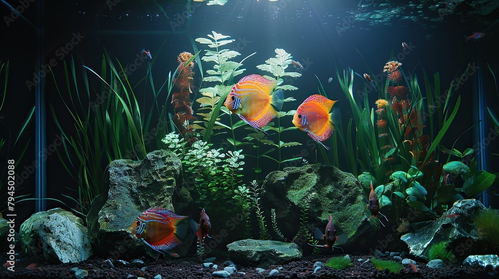 aesthetic aquascape background design, front view, dark theme, discus ...