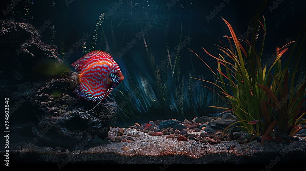 aesthetic aquascape background design, front view, dark theme, discus ...