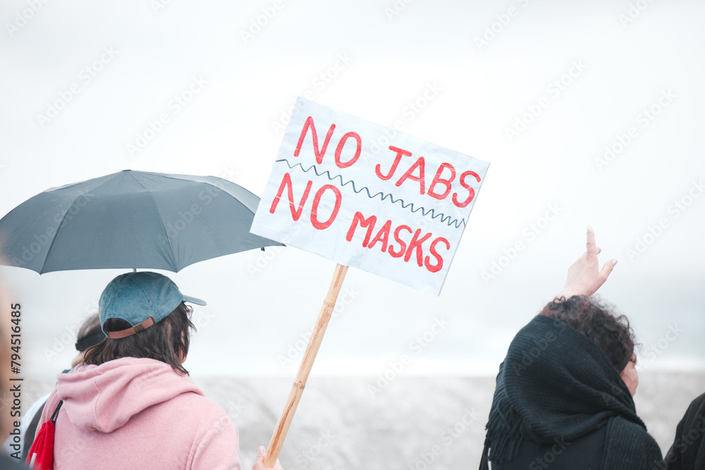 Foto de People, protest and placard with billboard or sign for health ...