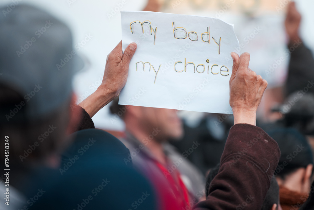 Poster, rally and protest crowd with abortion, freedom and equal rights ...