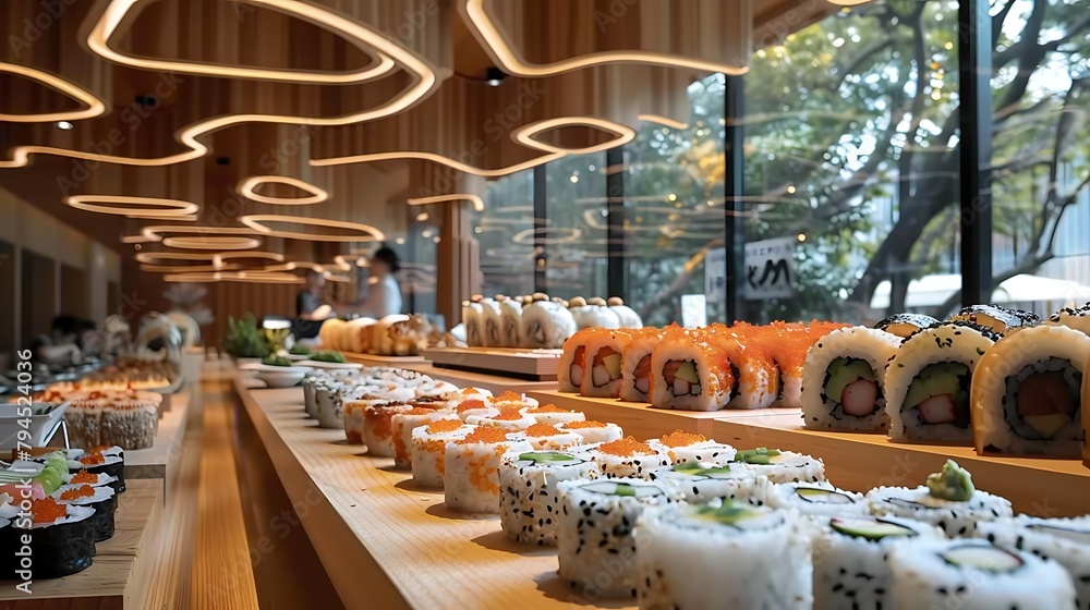 Modern sushi restaurant interior with a variety of sushi on a conveyor ...