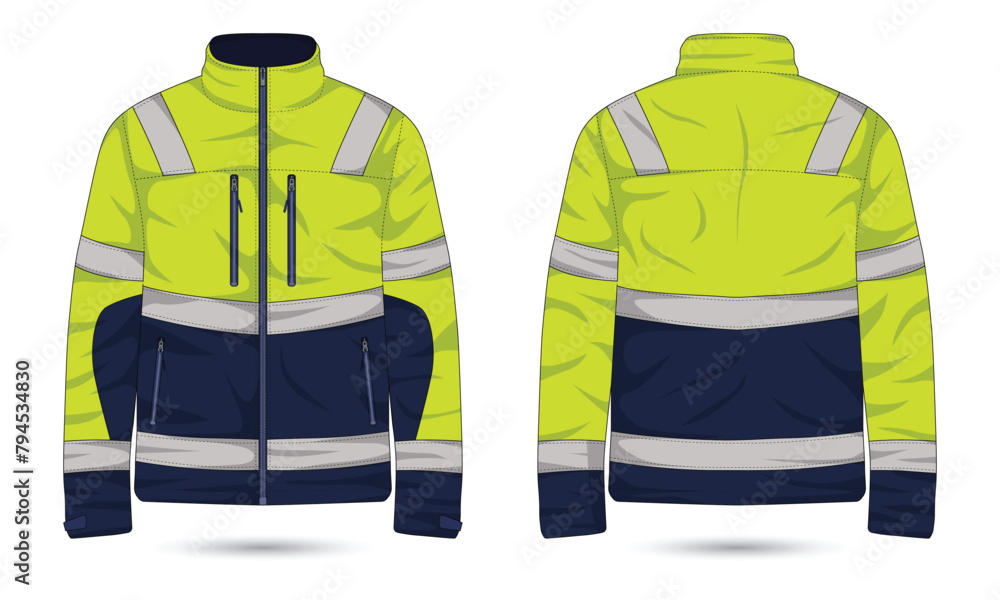 Hi Vis jacket template front and back view. Hi Vis work jacket mockup ...