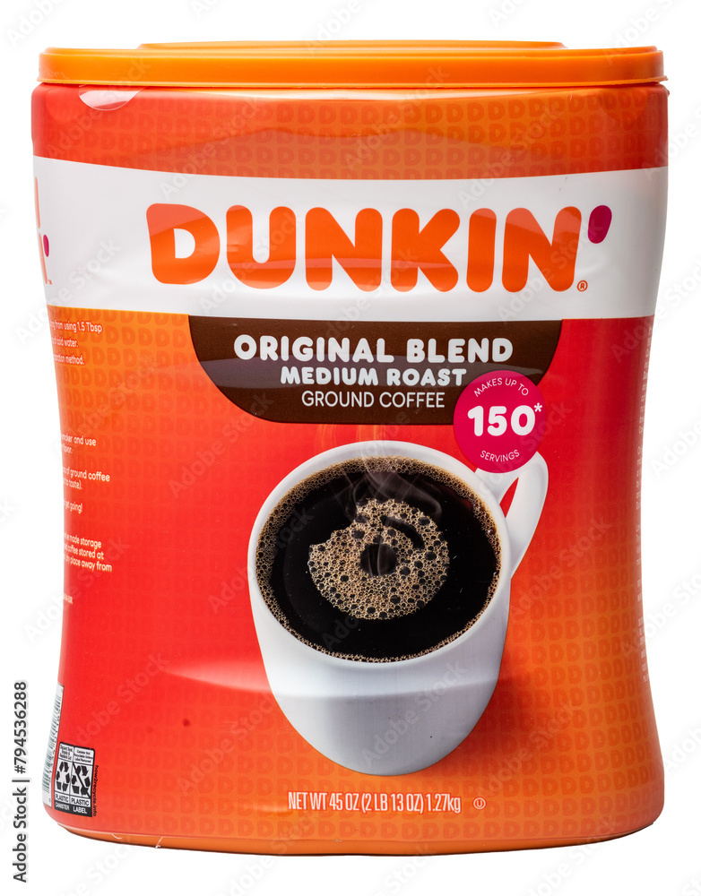 Plastic container of Dunkin brand original blend medium roast ground ...