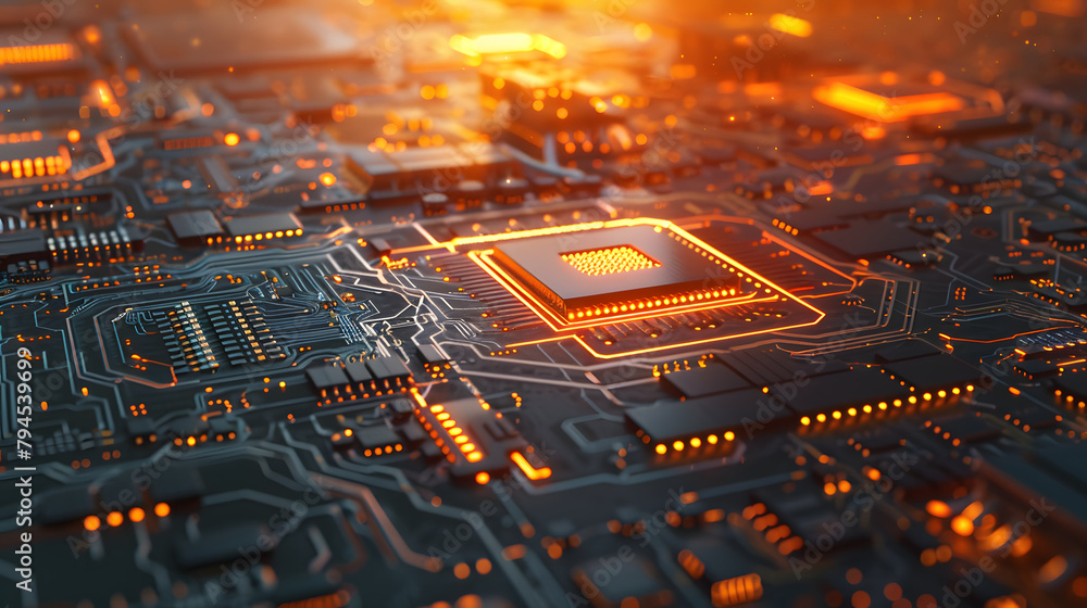 Futuristic Digital Circuit Board With Glowing Circuit Traces Electronic Components A Symbol Of