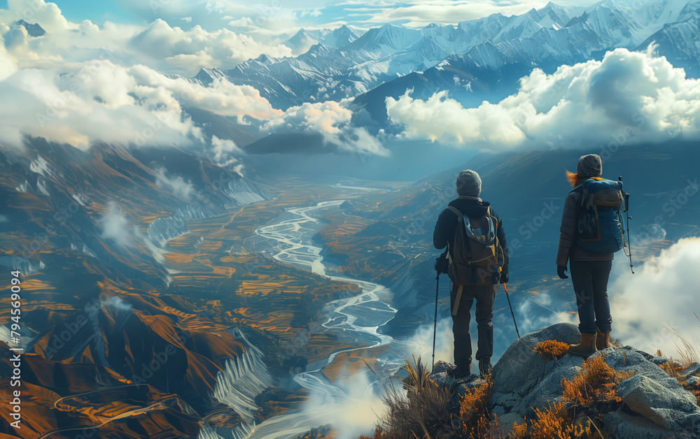 Tibetan hikers in the Himalayas, with Aram mountain in the background ...